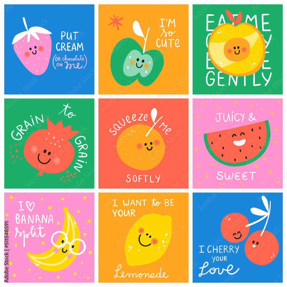 Little fruits and quotes. Happy phrases for stickers poster apple ...
