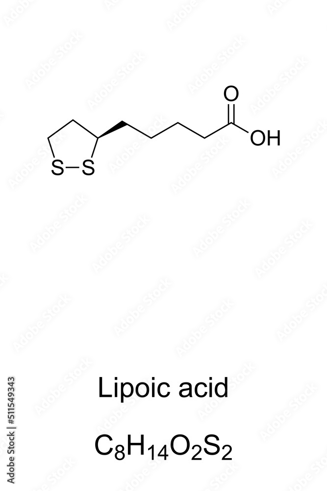 Lipoic acid, LA, chemical formula and structure. Also known as alpha ...