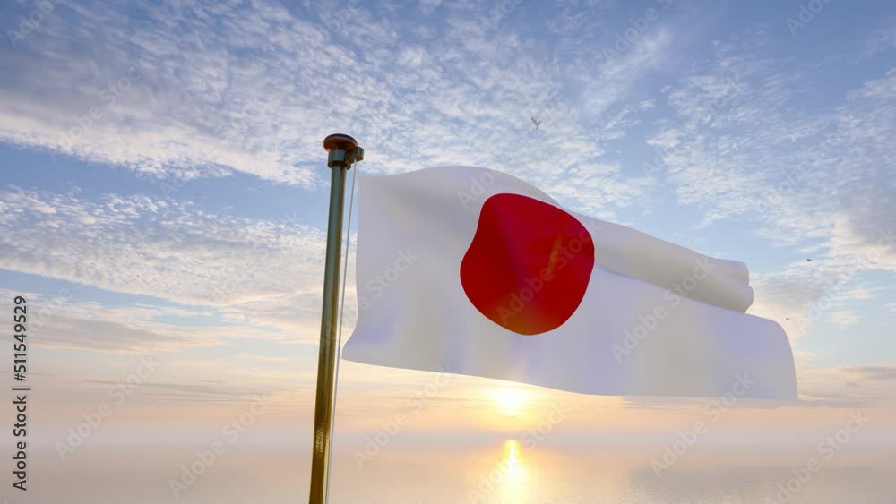 Flag of Japan waving in the wind, sky and sun background video. Japan ...