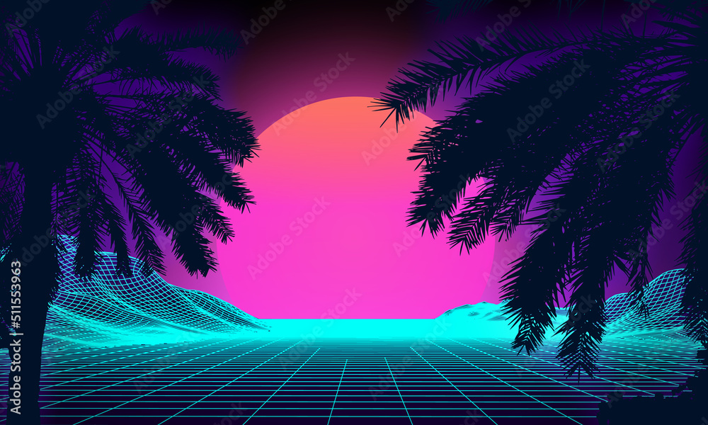 3d sunset on the beach. Retro palms vector sci fi background. Digital ...