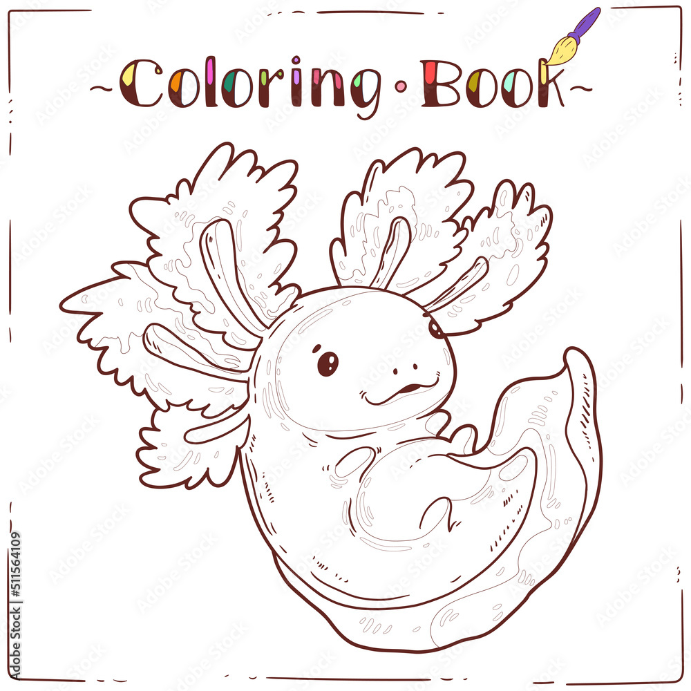Axolotl, a Coloring Sheet. Cartoon outline picture of playful baby ...