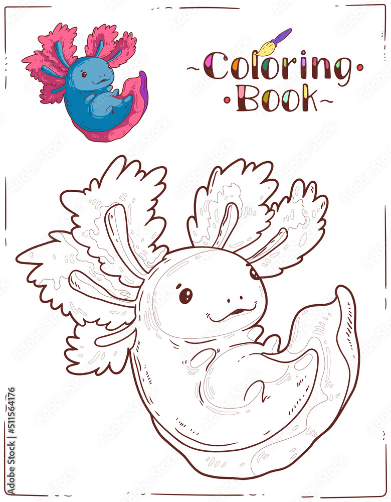 Axolotl, a Coloring Sheet. Cartoon outline picture of playful baby ...