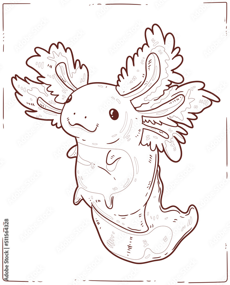 Axolotl, a Coloring Sheet. Cartoon outline picture of playful baby ...