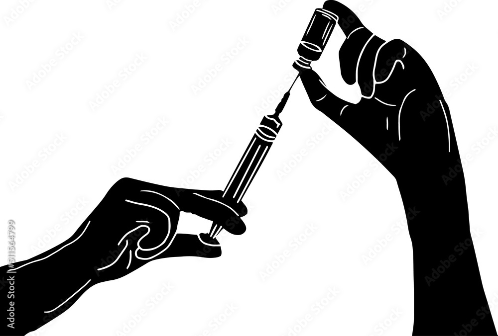 Hand holding Injection and vial sketch drawing, Silhouette of doctor ...