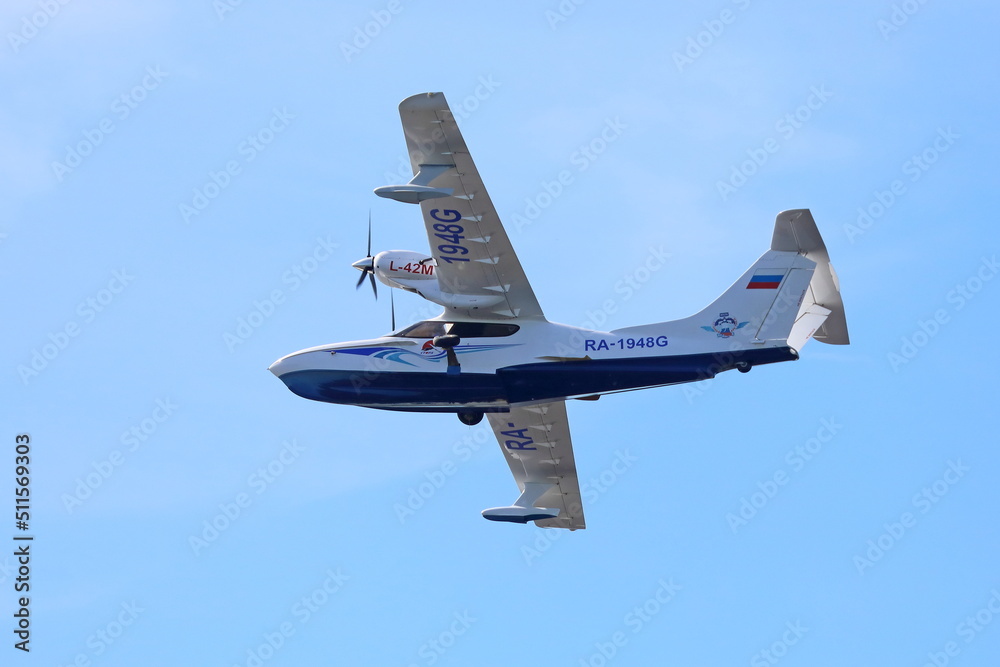 Russian amphibious seaplane L-42m during a flight in northern Siberia ...
