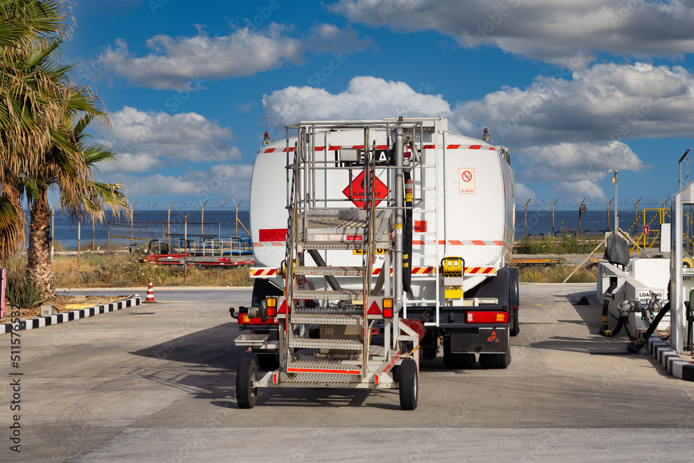 Tanker with a trailer for refueling jet aircraft. Refueling the ...