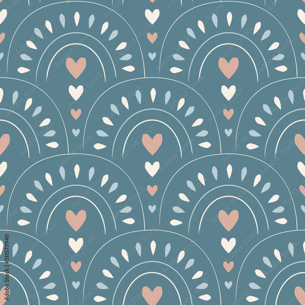 Blue boho seamless pattern with arches and hearts. Vector background in ...