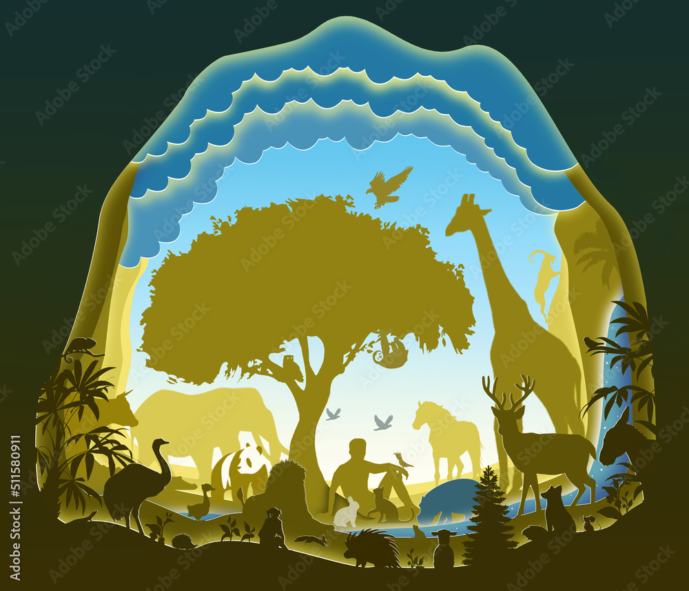 Adam and Eve in the Garden of Eden. Adam naming the animals. Paper art ...