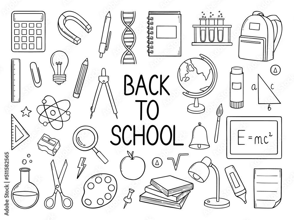 Hand drawn set of Back to school doodle. School and Education supplies ...