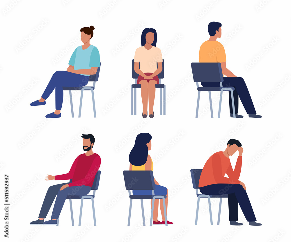Vetor de People are sitting on chairs. Men and women sit in different ...