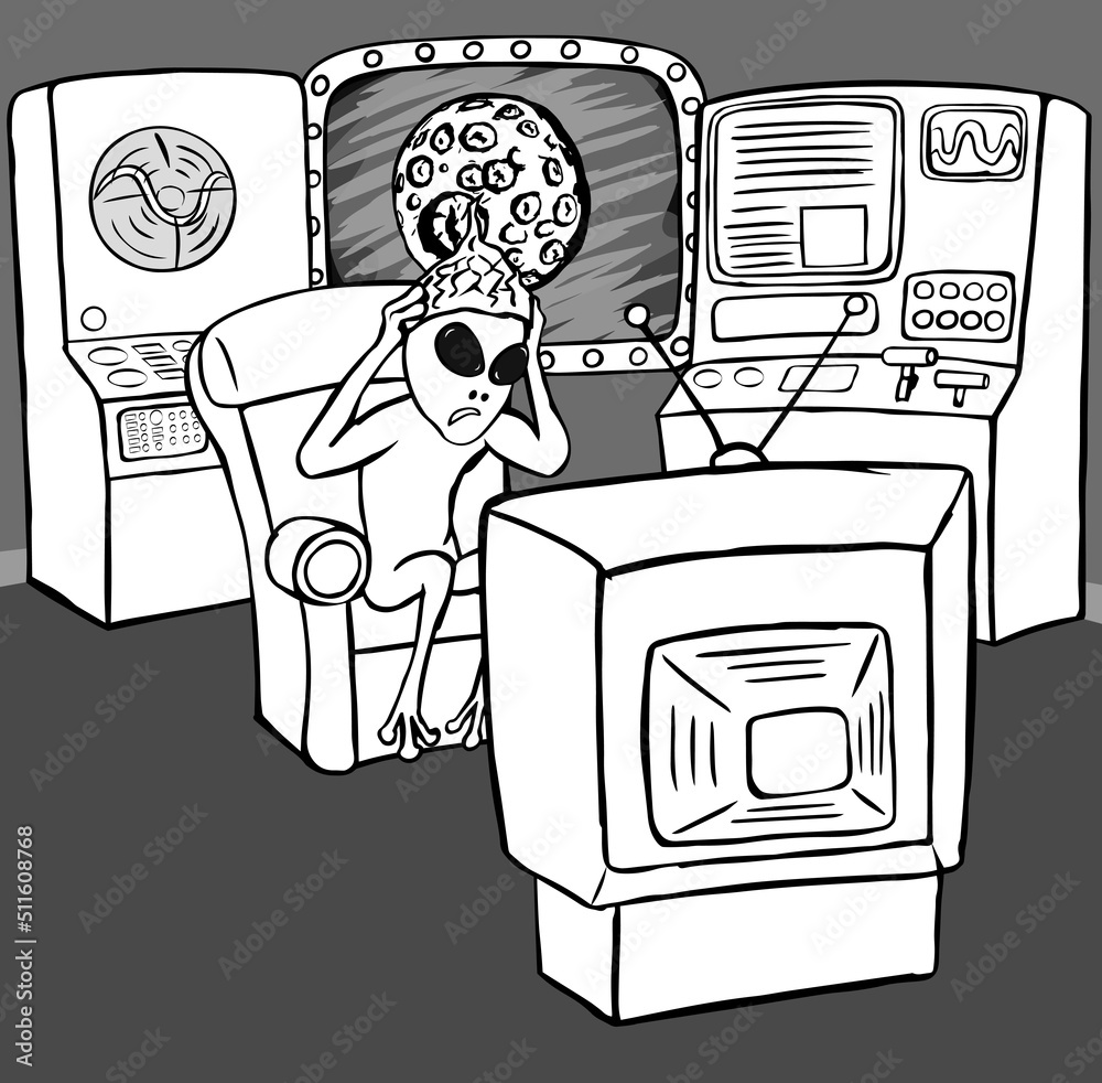 Scared alien with a foil cap watching tv in cabin of his spaceship. In ...