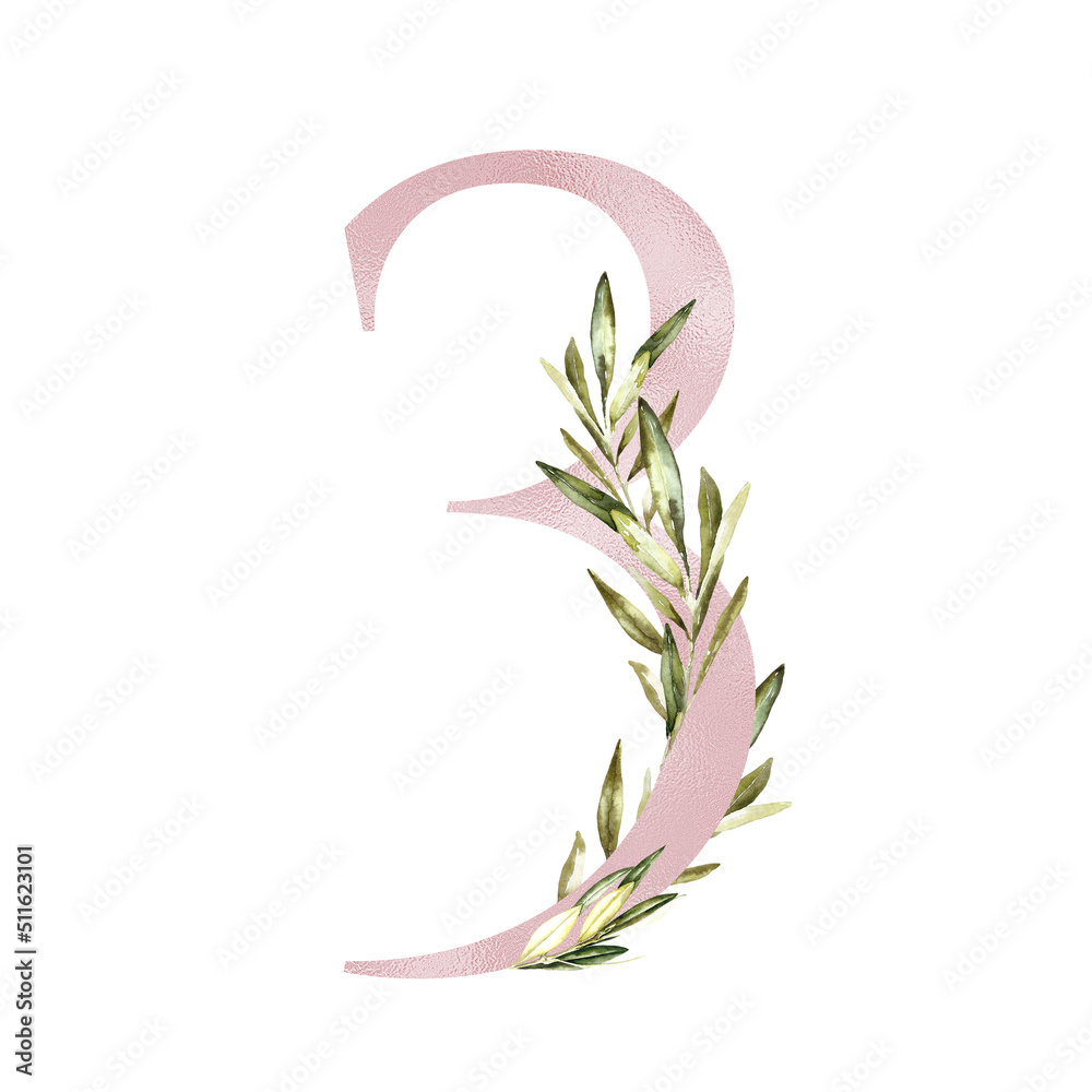 Watercolor Rose Gold Olive Floral Number digit 3, with flower bouquet ...