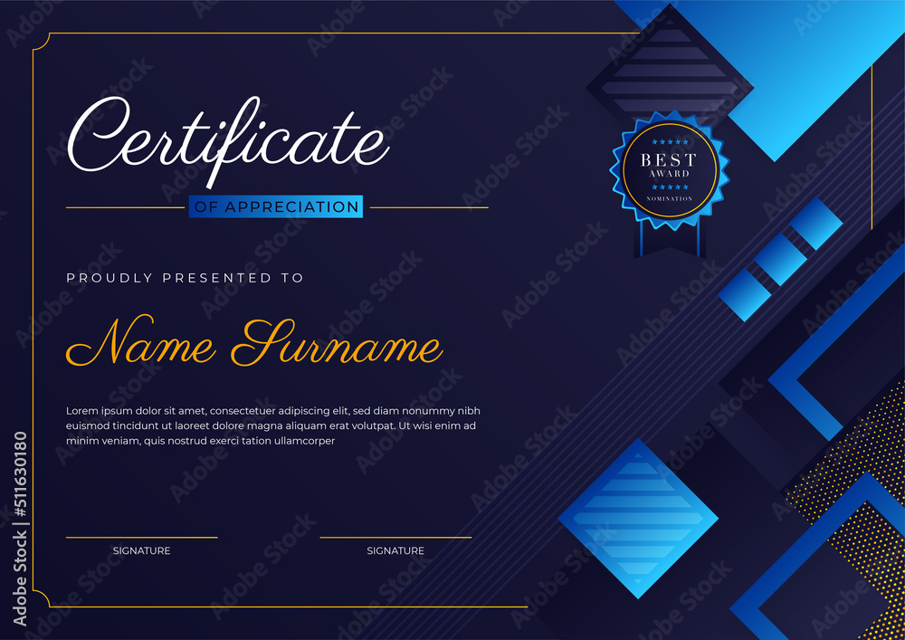 Modern blue certificate of achievement award template with badge and ...
