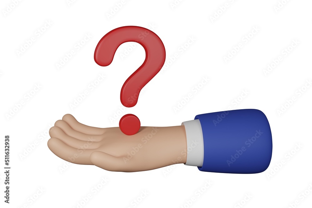 3D Cartoon businessman character hand holds a question mark isolated on ...
