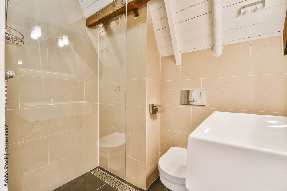 Glass partition between shower tap and wall hung toilet in modern ...