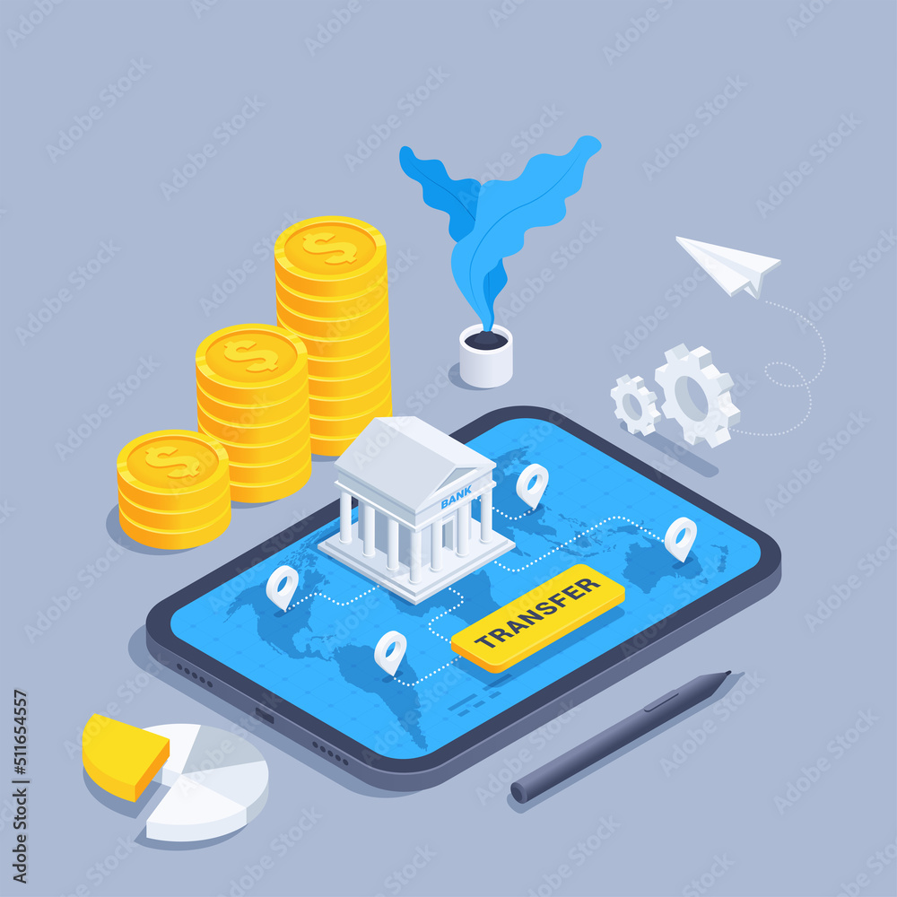 isometric vector illustration on a gray background, a bank on the ...