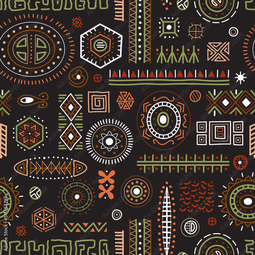 Abstract African art shapes seamless background, tribal geometric ...