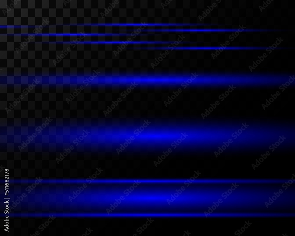 Set of blue horizontal lines, rays on a transparent background. Laser ...