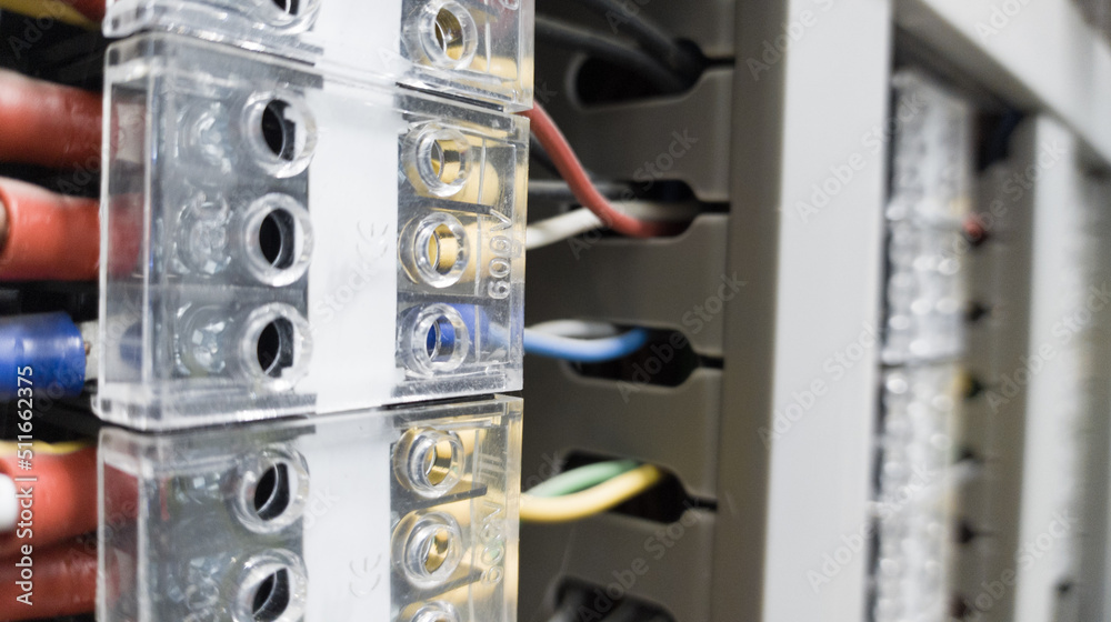 Wires in the terminal box. Electrical wiring in the device. Stock Photo ...