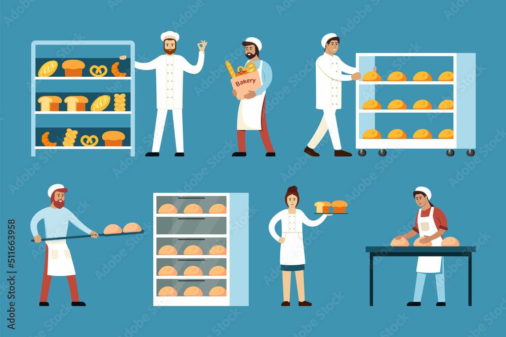 bake bread. chef preparing bakery food. Vector cartoon characters in ...