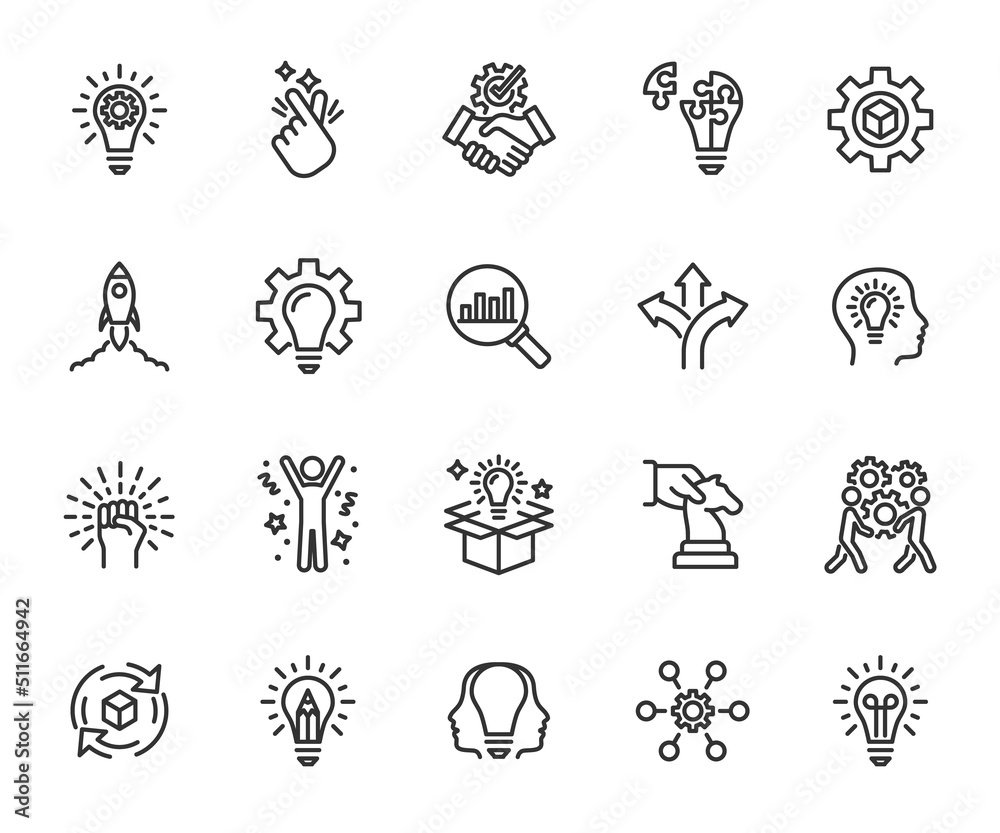 Vector set of innovation line icons. Contains icons startup, idea ...