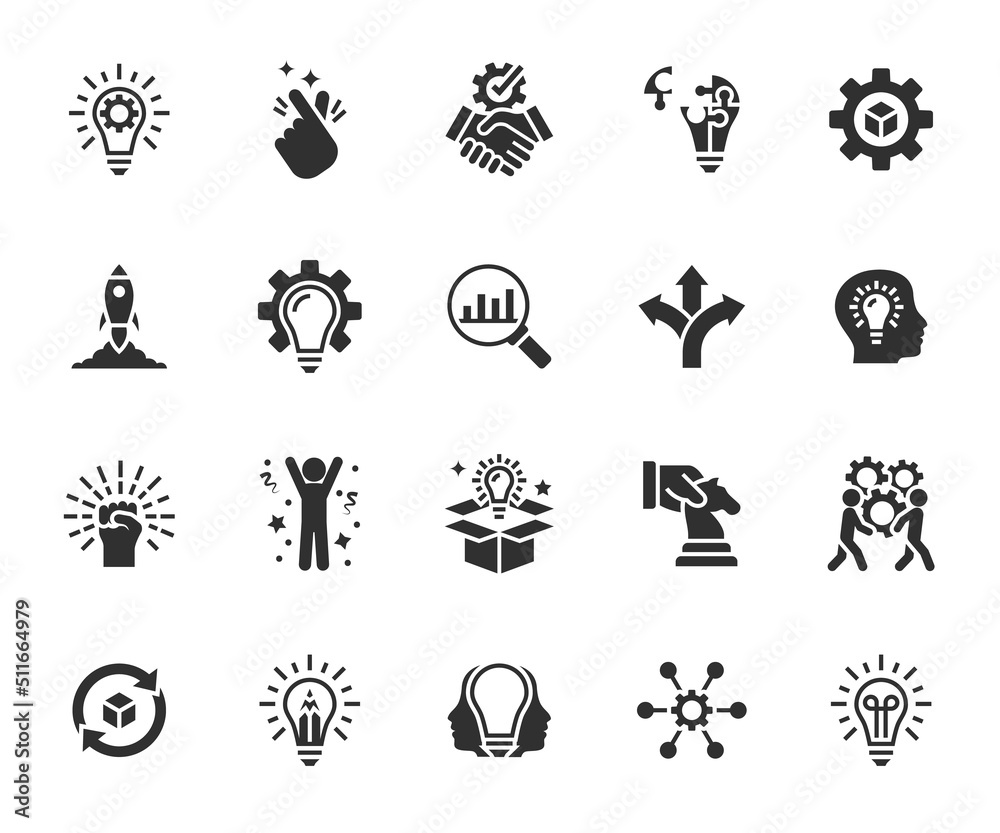 Vector set of innovation flat icons. Contains icons startup, idea ...