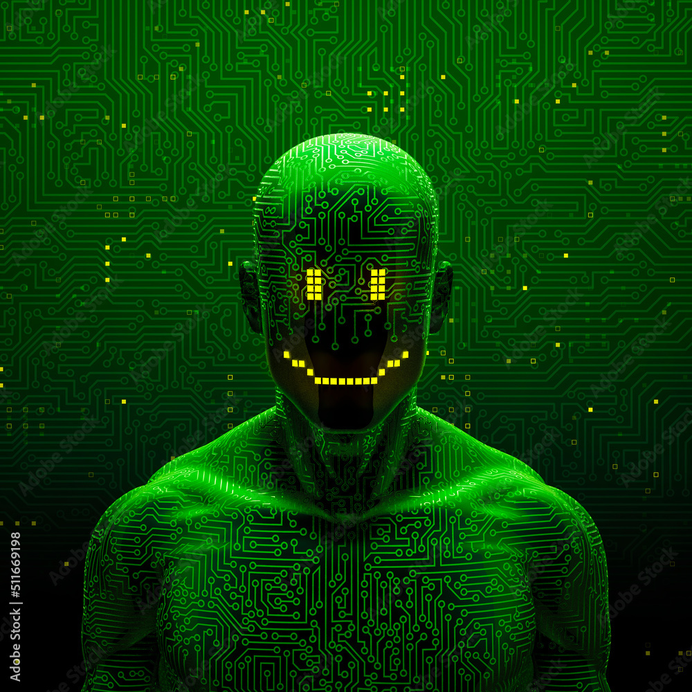 Smiling artificial intelligence - 3D illustration of dark pixel smile ...