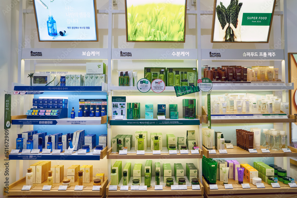 SEOUL, SOUTH KOREA - CIRCA JUNE, 2017: goods on display at Innisfree ...