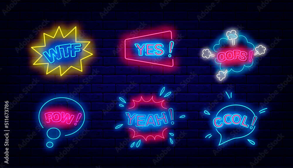 Comics speech bubbles neon signs set. Yes, cool and oops. Wtf, yeah and ...