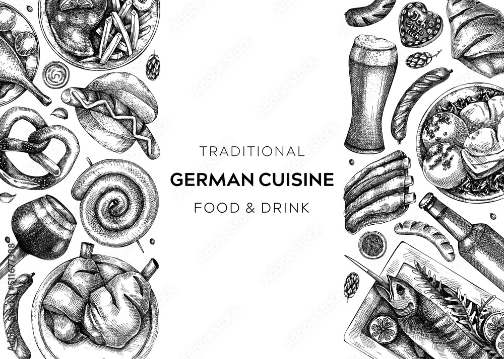 German food background. Oktoberfest menu design. Vector meat dishes ...