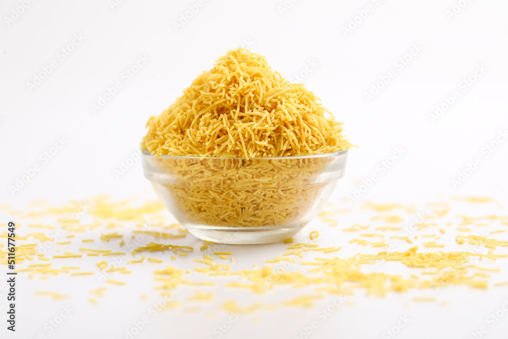 Sev. Besan Sev Indian Namkeen Noodles of chickpea flour. Besan Sev ...