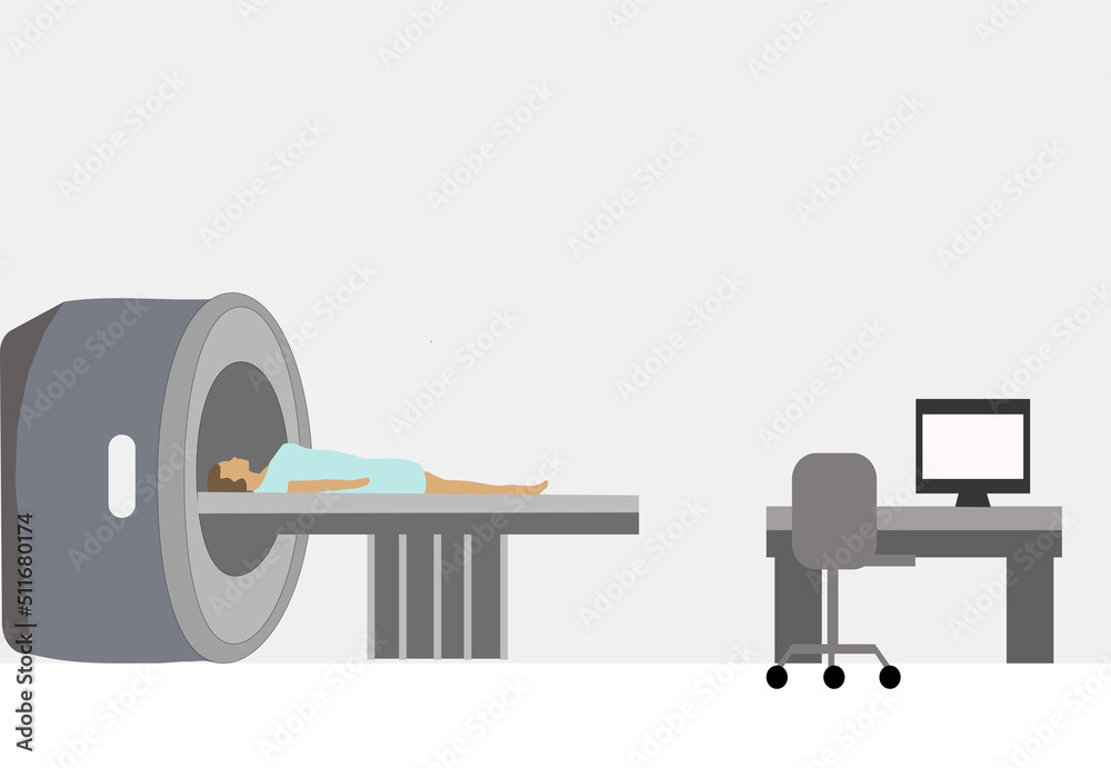 Female patient entering MRI (or MR) scanner machine vector illustration ...