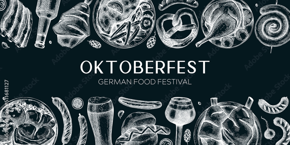 German food background on chalkboard. Oktoberfest menu design. Vector ...