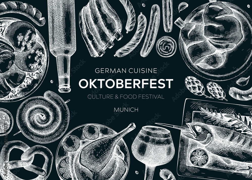 German food background on chalkboard. Oktoberfest menu design. Vector ...