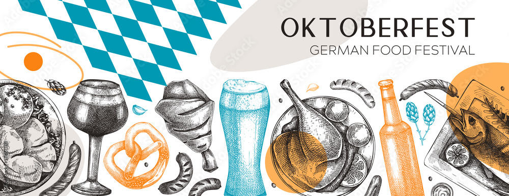 German food background in collage style. Oktoberfest menu trendy design ...