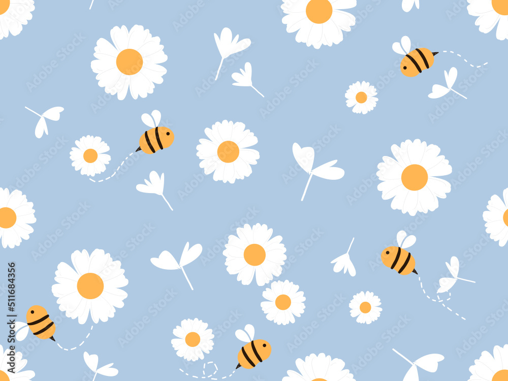 Seamless pattern with daisy flower and bee cartoons on blue background ...