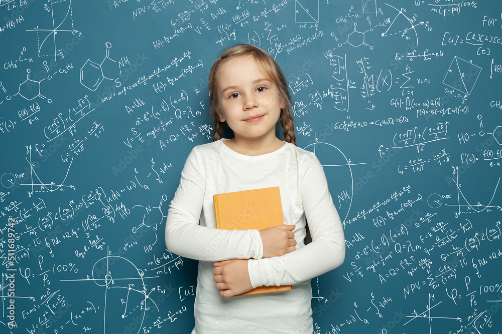 Kids math education concept. Cute little girl mathematics student on ...