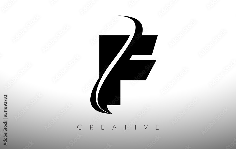 F Swoosh Letter Cut Logo Design with Black Swoosh and Creative Icon ...