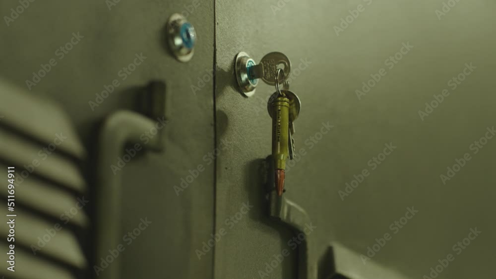 Close up view of green colored metallic military Locker Room . Soldiers ...