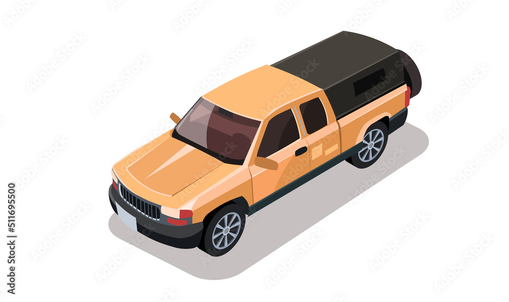 Car isometric view. Vehicle orange color. Pickup, truck model ...