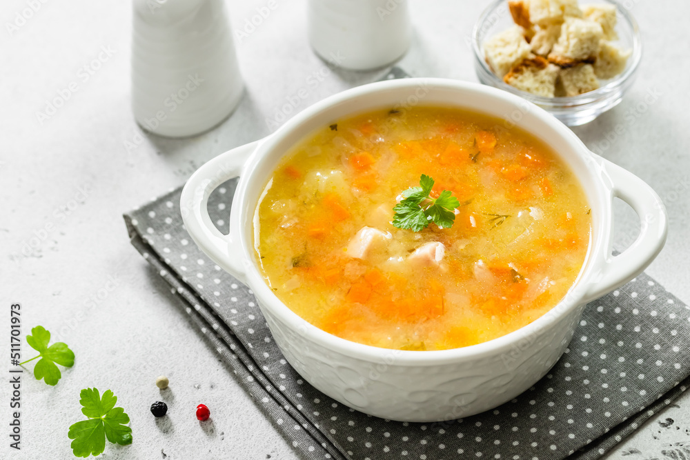 Slow cooker split peaham soup puree in bowl. Top view, copy space, flat ...