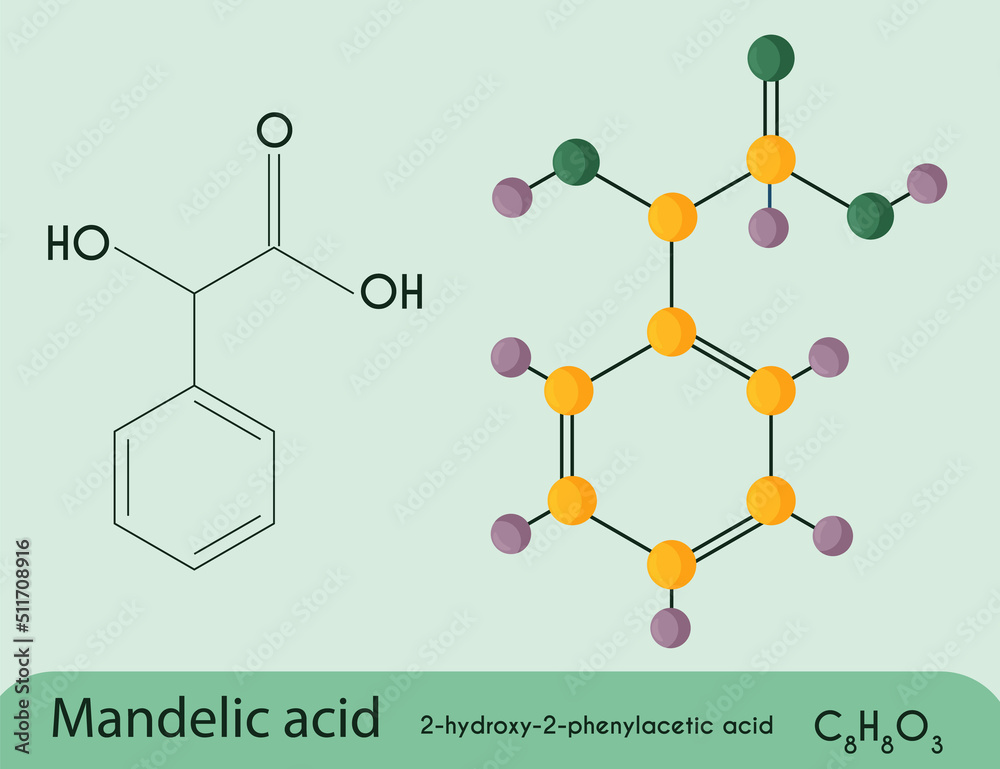 Mandelic acid. Molecule and chemical formula. Structural formula ...