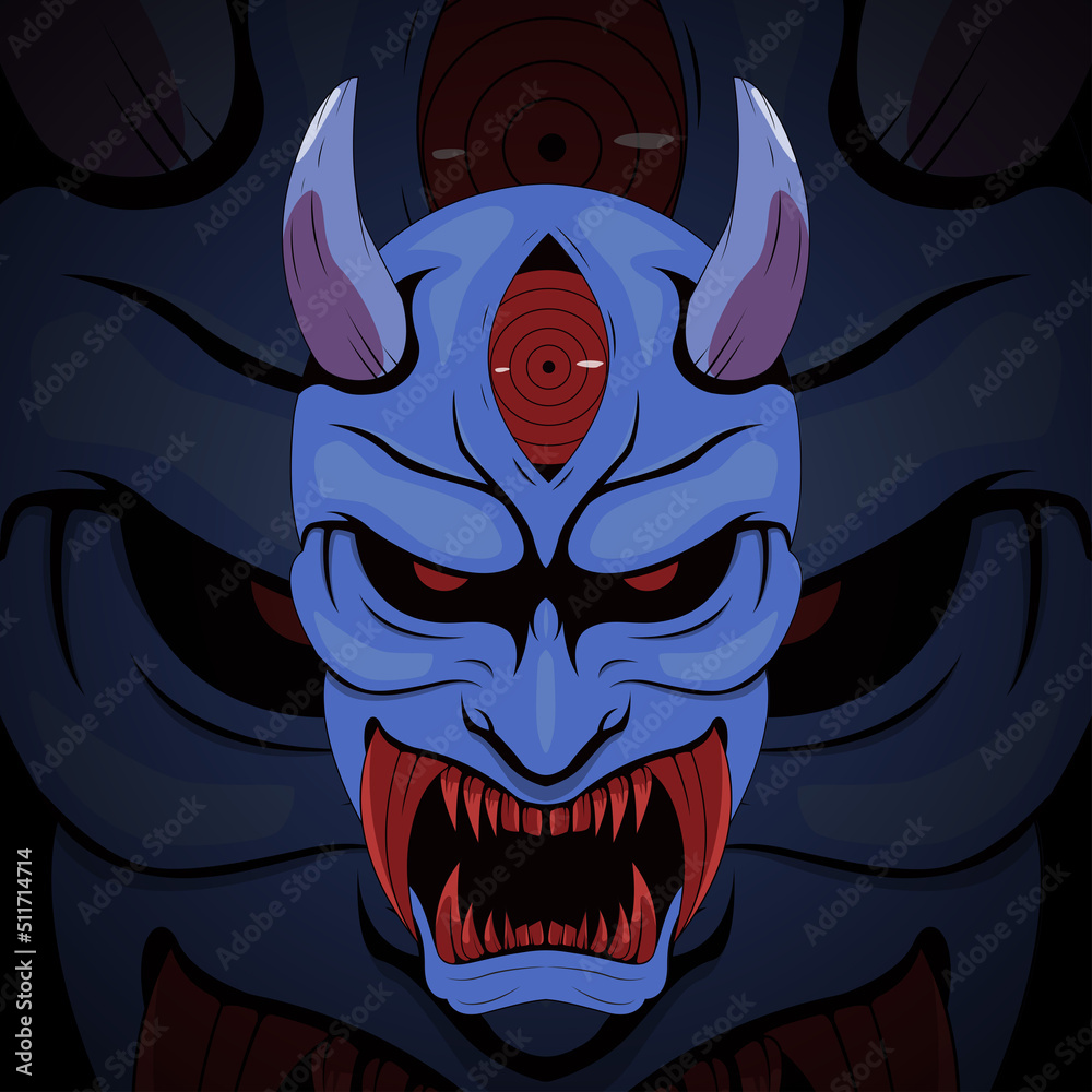 Oni Traditional Japanese Demon Mask With Blue Skin and Red Eyes ...