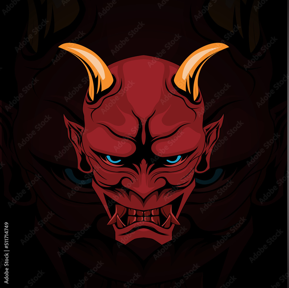 Oni Traditional Japanese Demon Mask With Blood Red Skin, Blue Eyes and ...