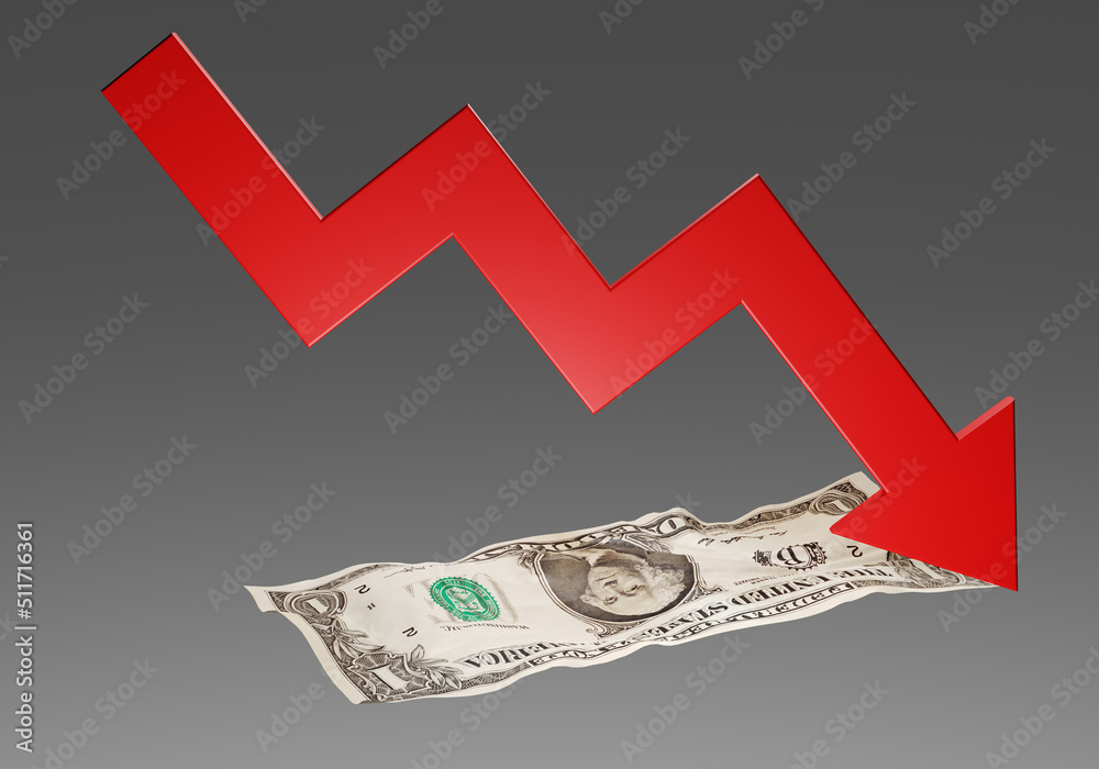 Red arrow down over dollar. Crisis of US financial market. Falling ...