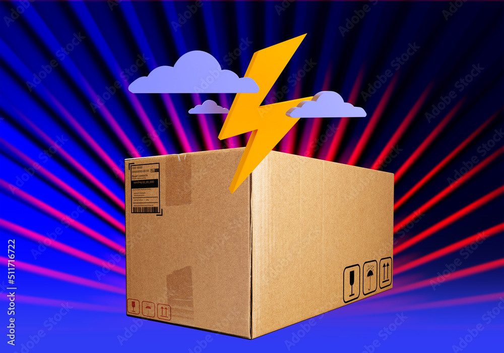 Cardboard parcel with courier in sticker. Lightning with clouds over ...