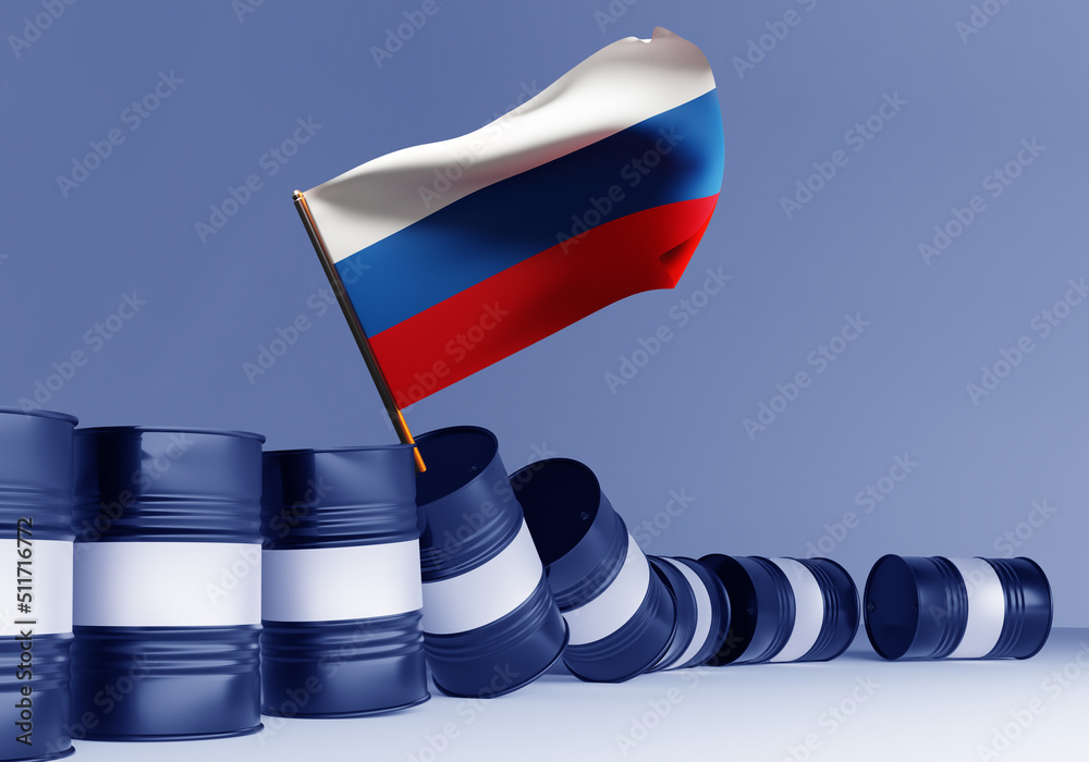 Falling oil supplies from Russia concept. Falling barrels with Russian ...