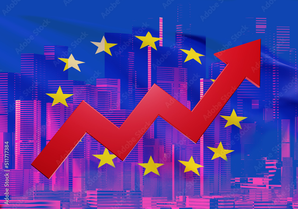 European Union. Arrow up in front of flag of Europe. Growing graph with ...