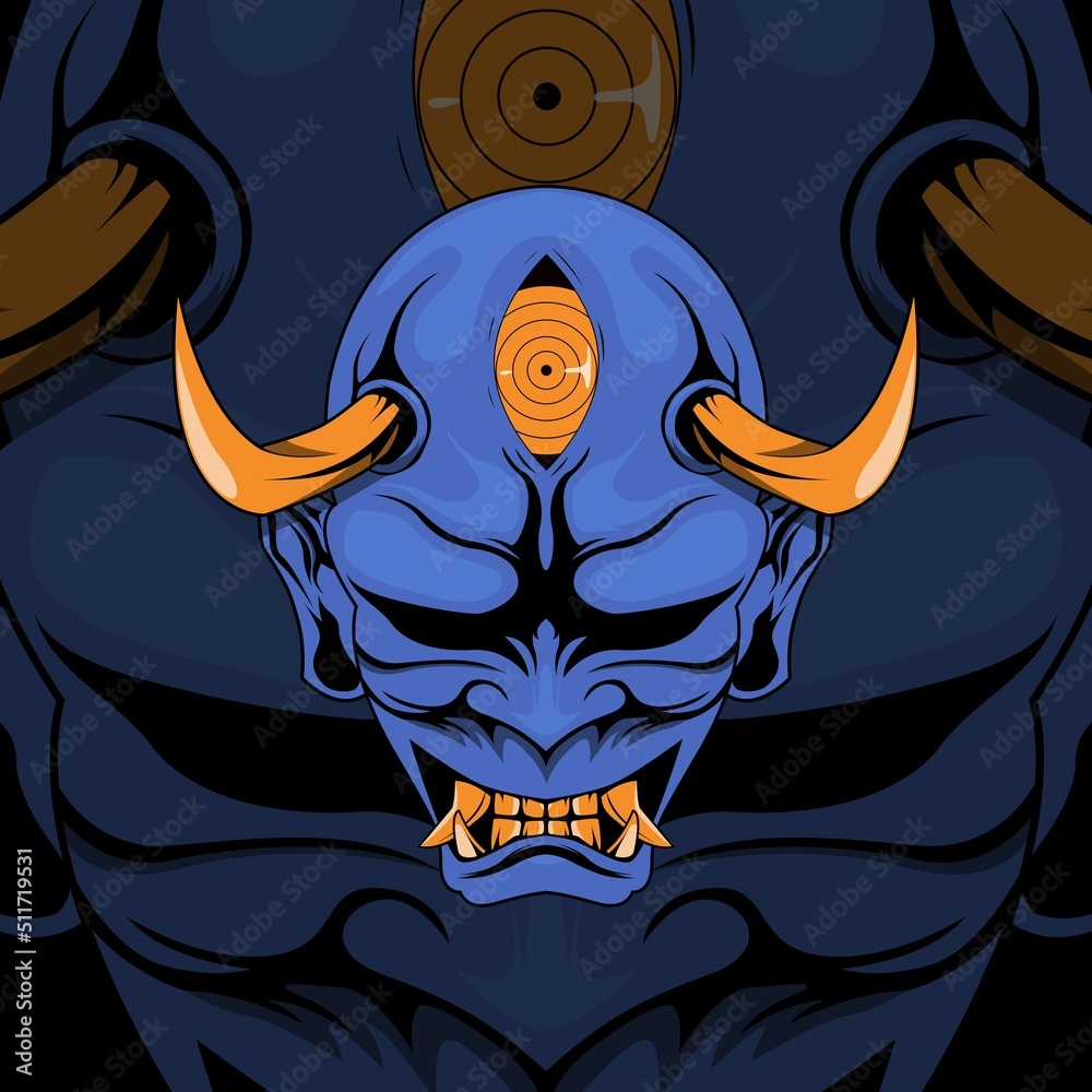 Oni Traditional Japanese Demon Mask With Blue Skin,Gold Eyes and Gold ...