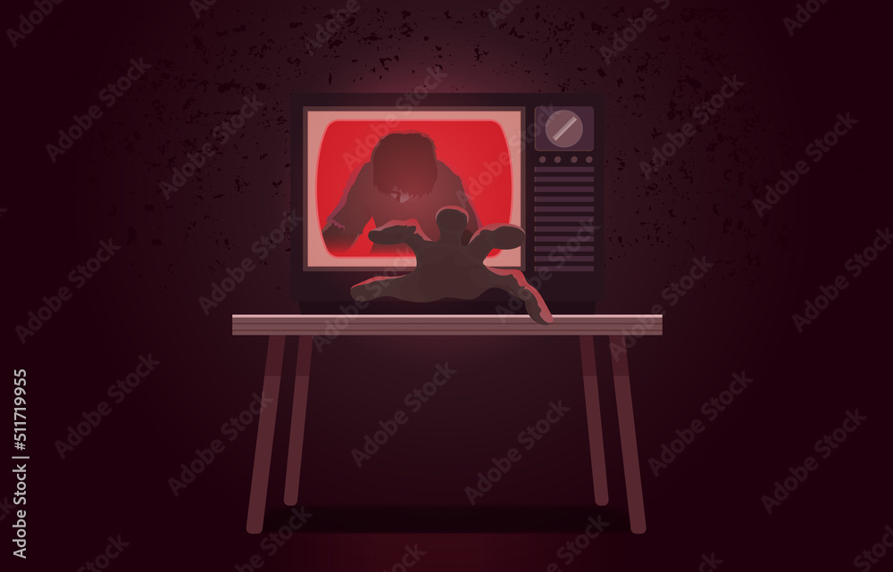 Evil spirit of revenge reaches a hand out of the vintage television ...